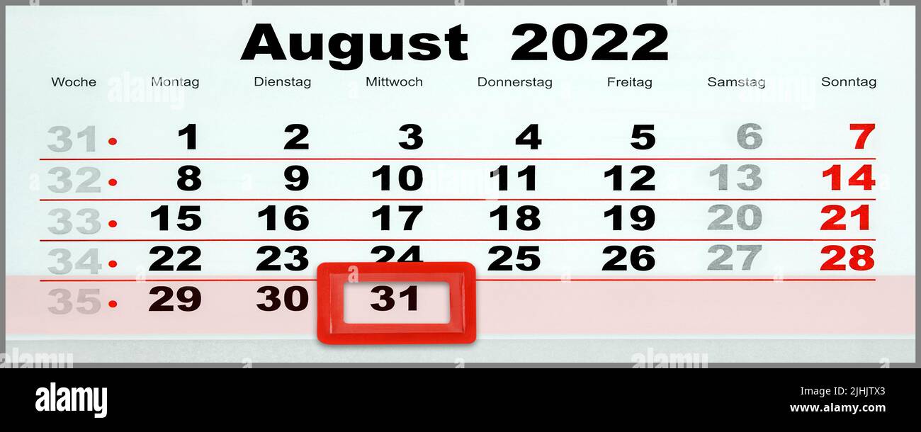 German calendar 2022 August 31 Wednesday Stock Photo - Alamy