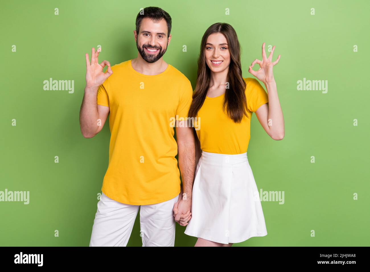 Portrait pf handsome guy attractive lady hold hands demonstrate okey ...