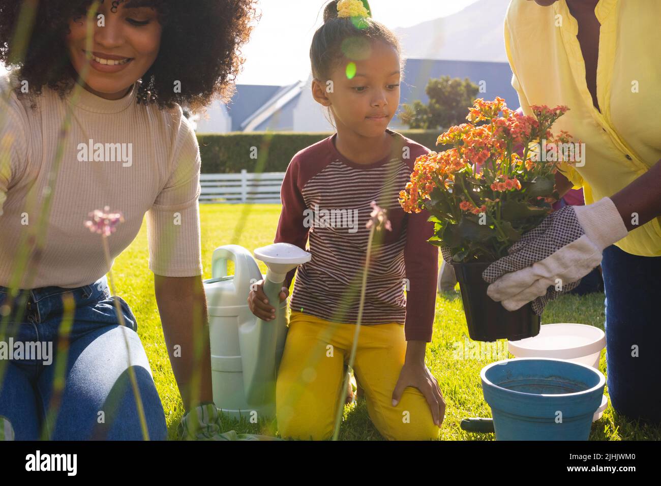 Multiracial multigeneration female family planting flowers in yard ...