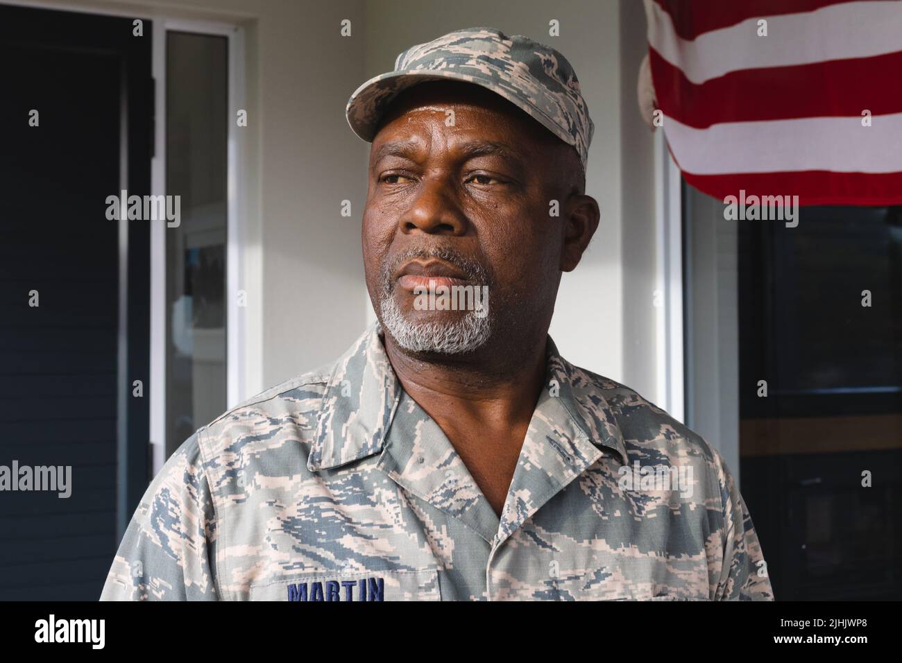 African American Military Senior Man In Camouflage Clothing And Cap