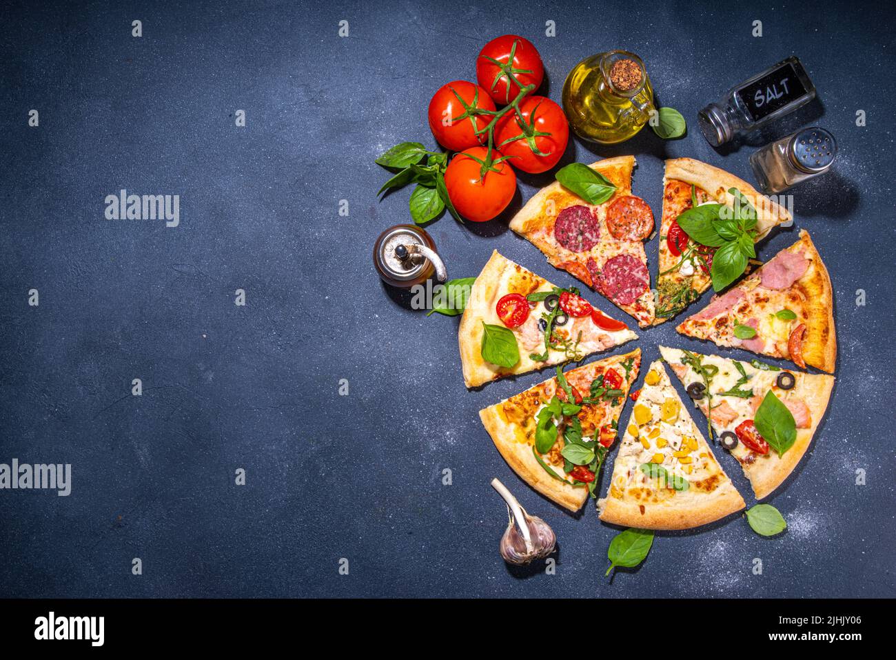 Various taste type pizza pieces with different traditional filling ...