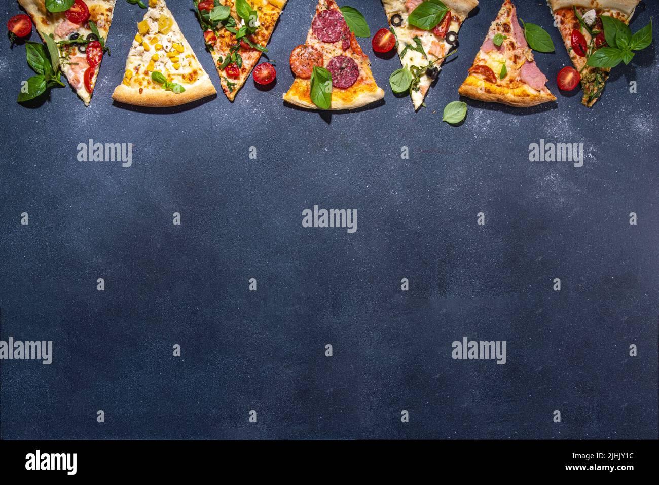Various taste type pizza pieces with different traditional filling ...