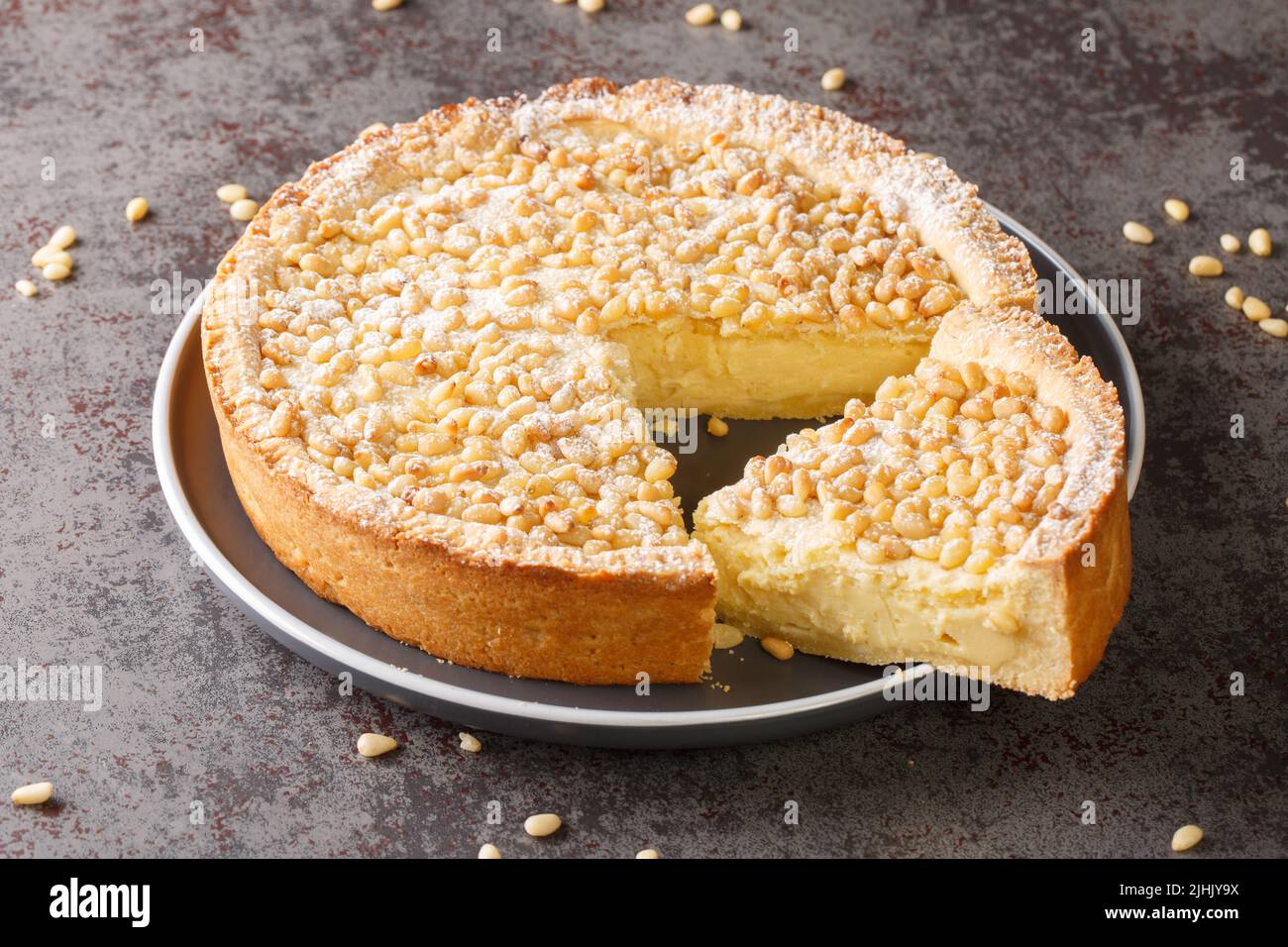 Torta della Nonna Classic Italian dessert closeup in the plate on the ...