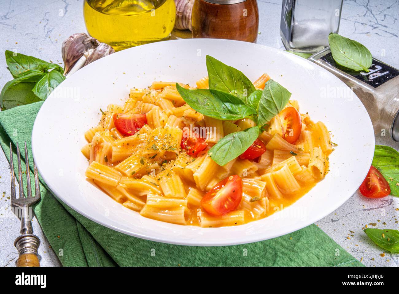 Italian pasta lunch. Ready to eat cooked mini tortiglioni pasta with ...