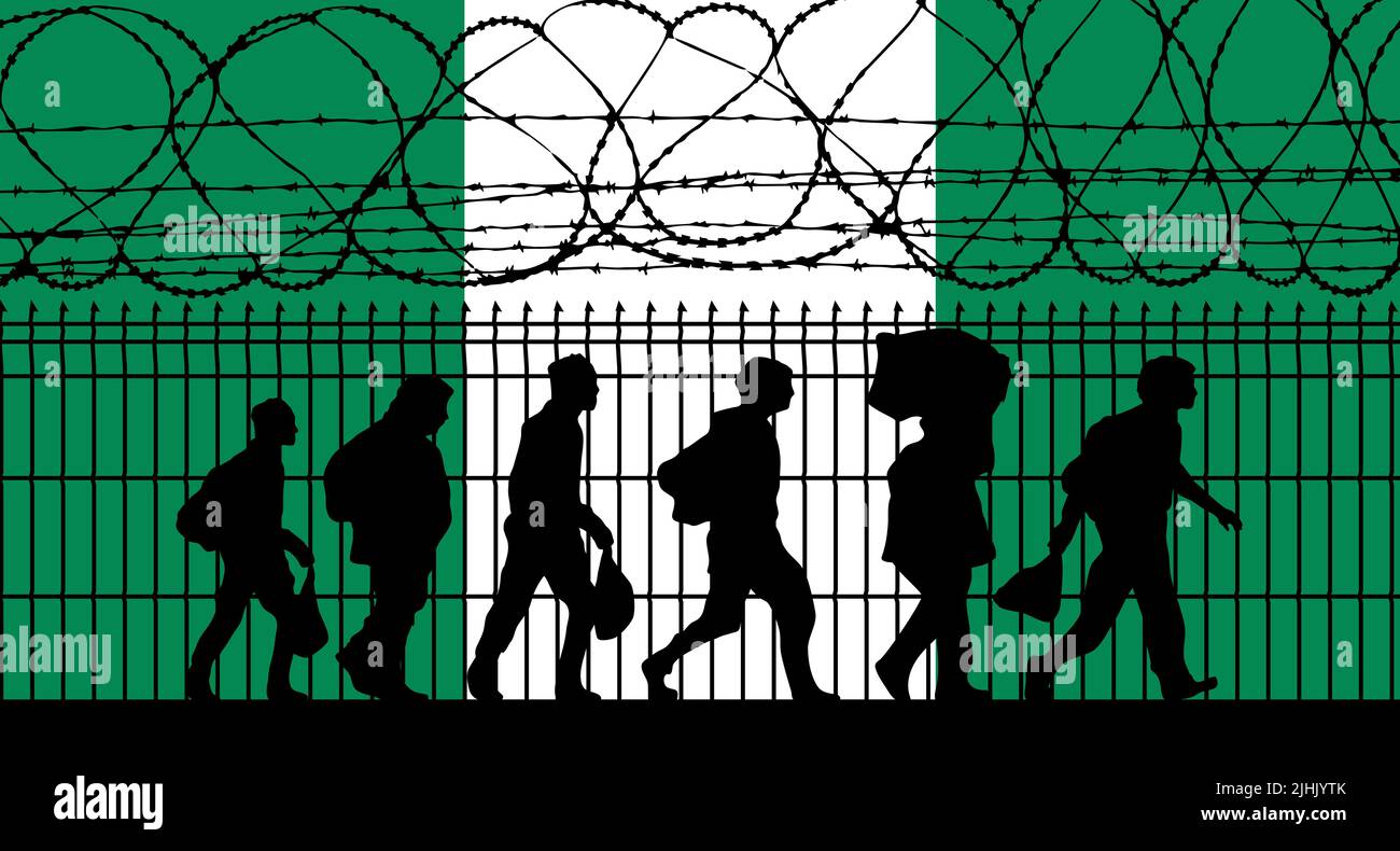 Nigeria - Refugees near barbed wire fence. Migrants migrate to other ...
