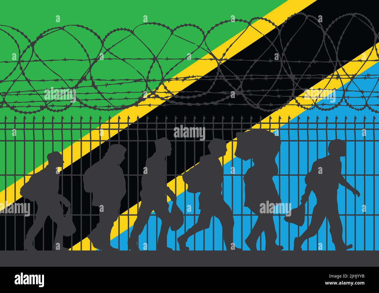 Tanzania - Refugees near barbed wire fence. Migrants migrate to other ...
