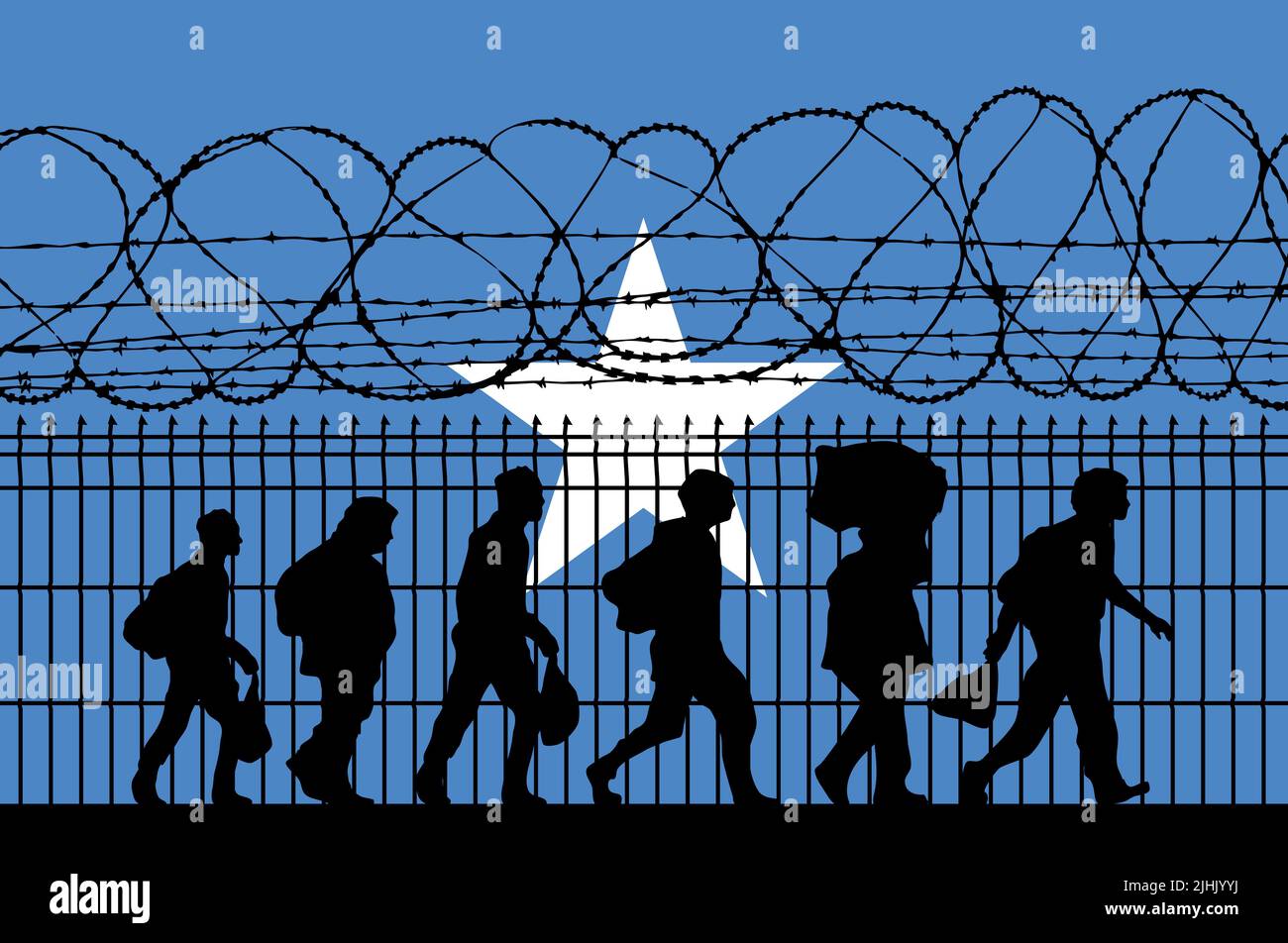 Somalia - Refugees near barbed wire fence. Migrants migrate to other ...