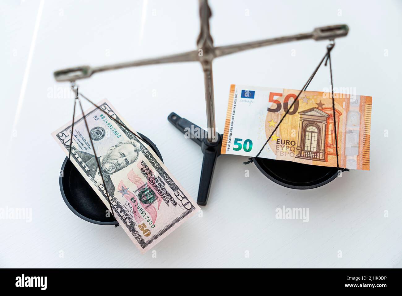 dollar and euro on scales on white background. the concept of equality ...