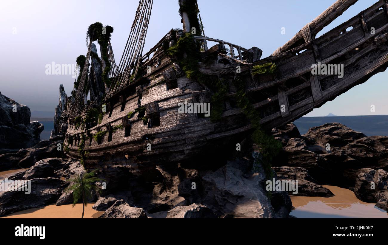 3D rendering of a wreck of a pirate ship on a coast Stock Photo - Alamy