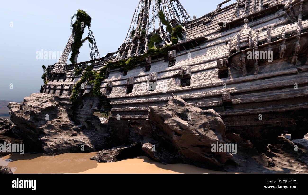 3D rendering of a wreck of a pirate ship on a coast Stock Photo - Alamy