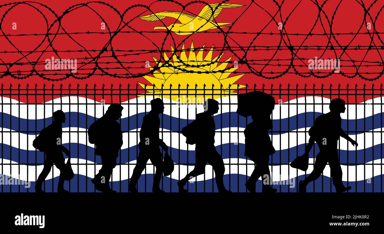 Flag of Kiribati - Refugees near barbed wire fence. Migrants migrates ...