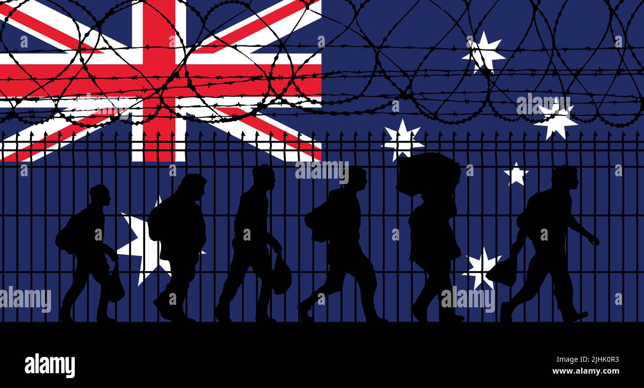 Flag of Australia - Refugees near barbed wire fence. Migrants migrates ...