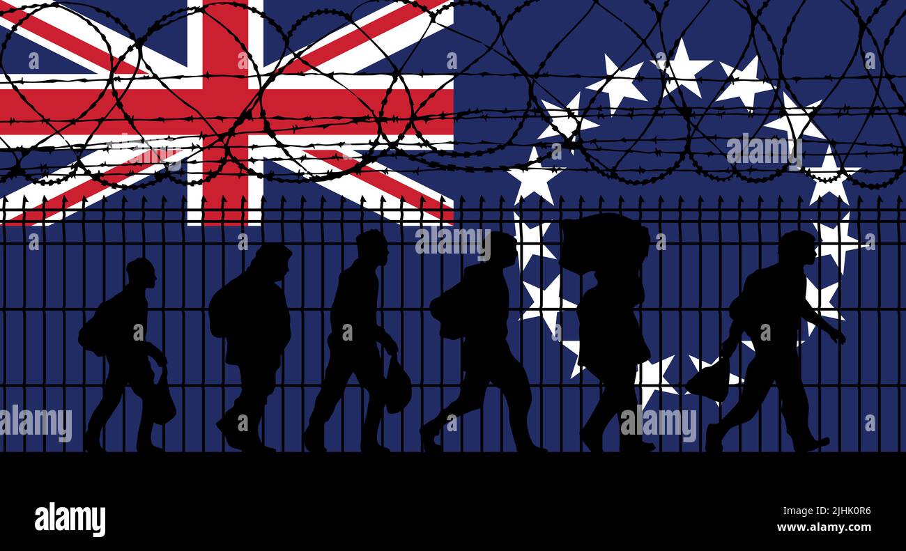 Flag of Cook Islands - Refugees near barbed wire fence. Migrants ...
