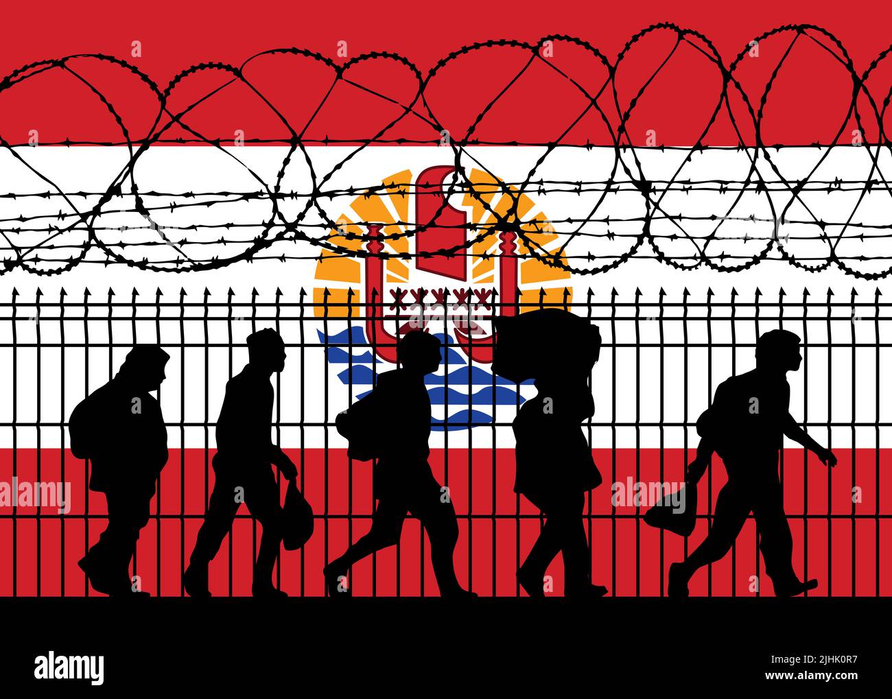 Flag of French Polynesia - Refugees near barbed wire fence. Migrants ...
