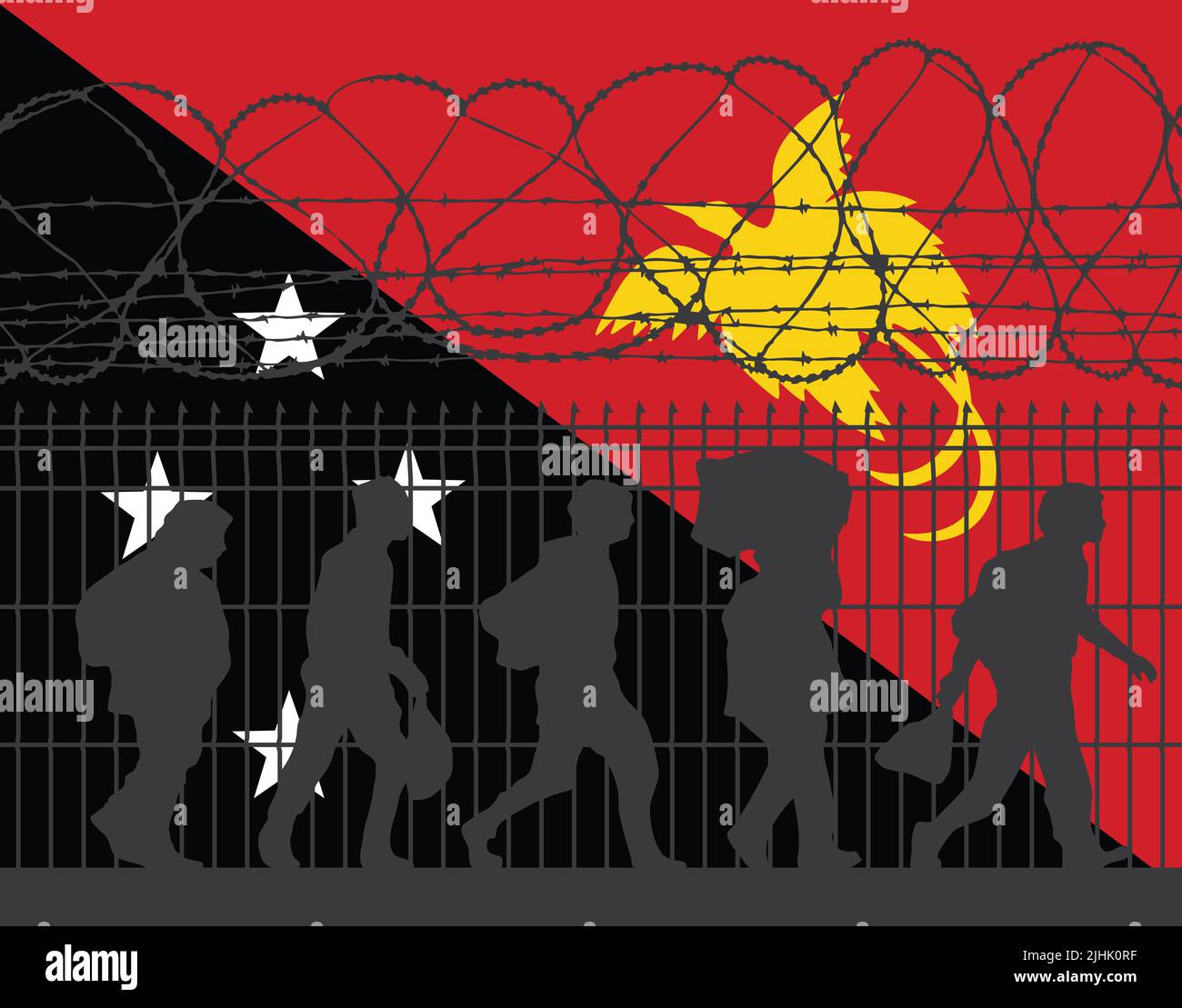 Flag of Papua New Guinea - Refugees near barbed wire fence. Migrants ...
