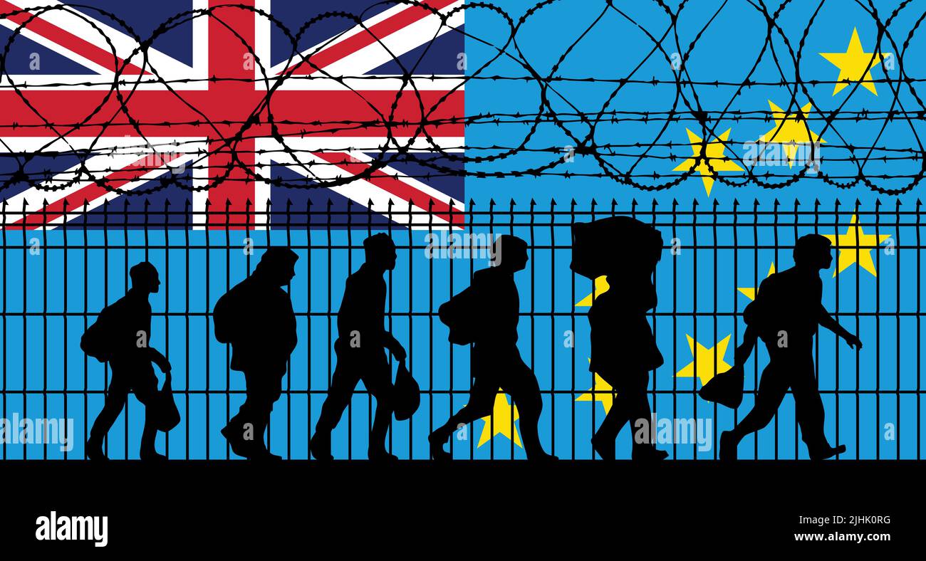 Flag of Tuvalu - Refugees near barbed wire fence. Migrants migrates to ...