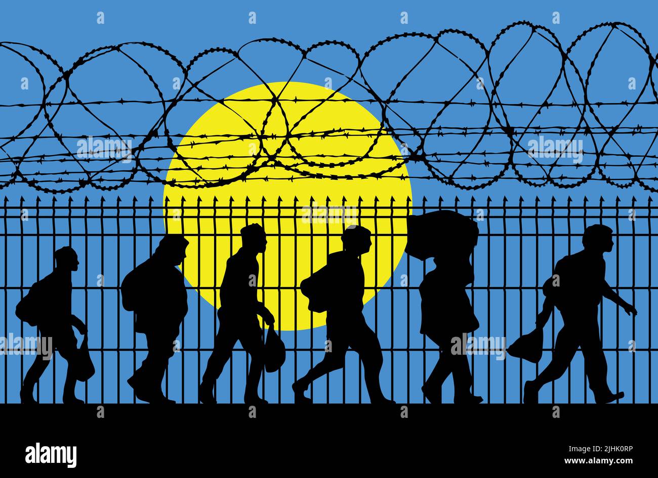 Flag of Palau - Refugees near barbed wire fence. Migrants migrates to ...