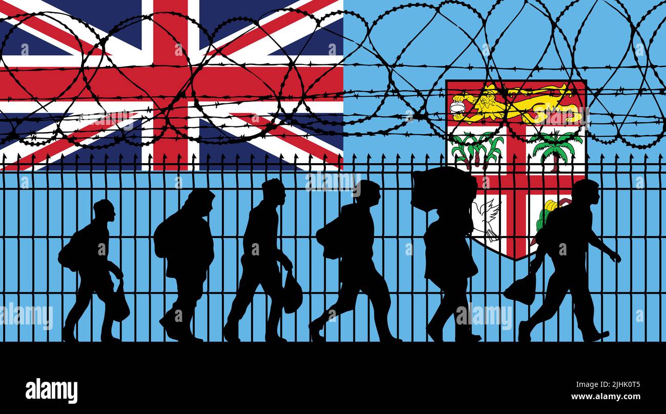 Flag of Fiji - Refugees near barbed wire fence. Migrants migrates to ...