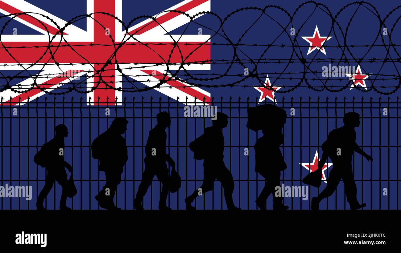 Flag of New Zealand - Refugees near barbed wire fence. Migrants ...