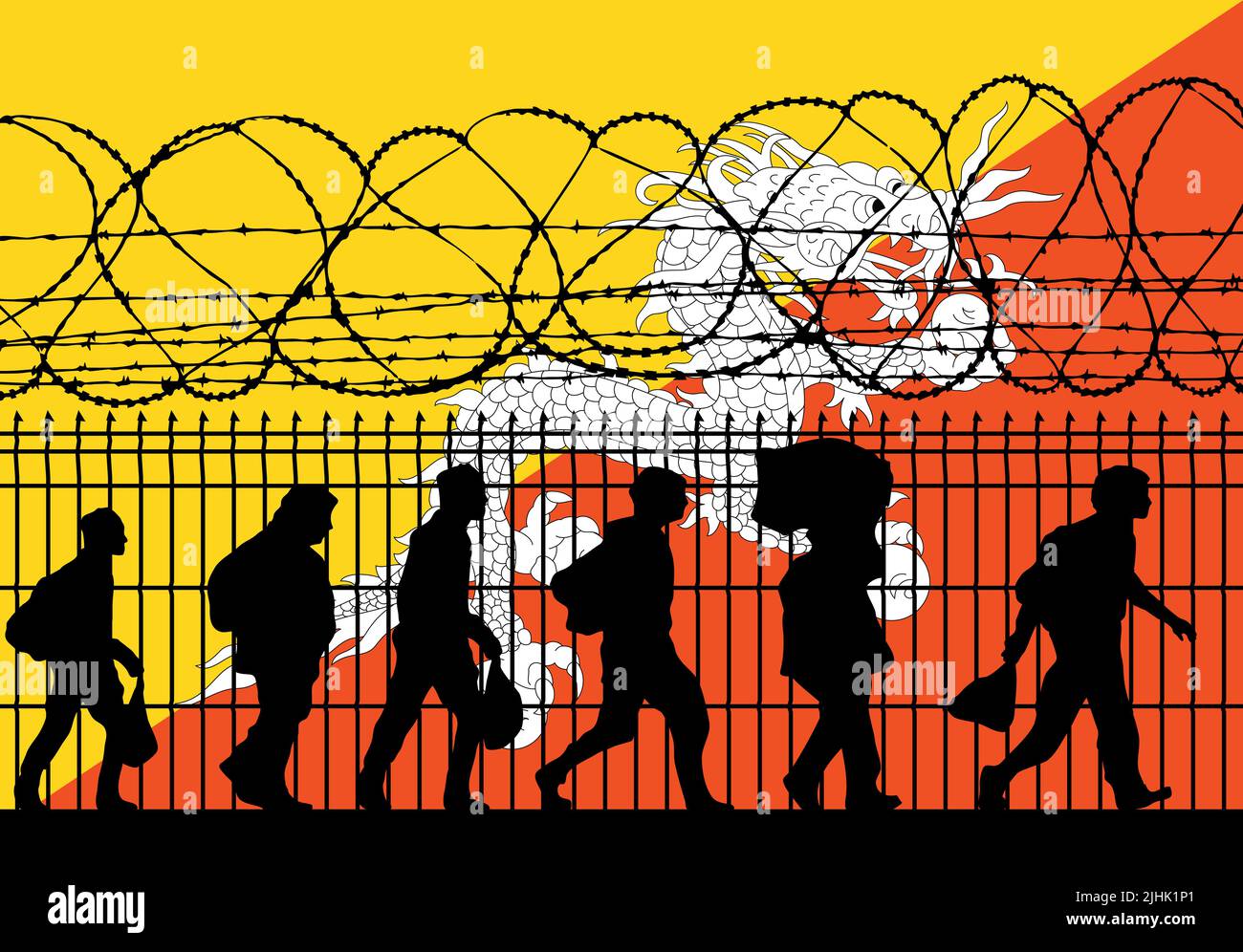 Flag of Bhutan - Refugees near barbed wire fence. Migrants migrates to ...