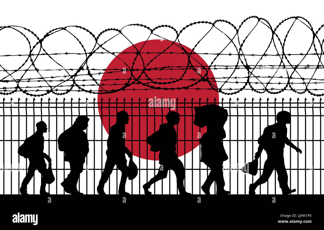 Flag of Japan- Refugees near barbed wire fence. Migrants migrates to ...