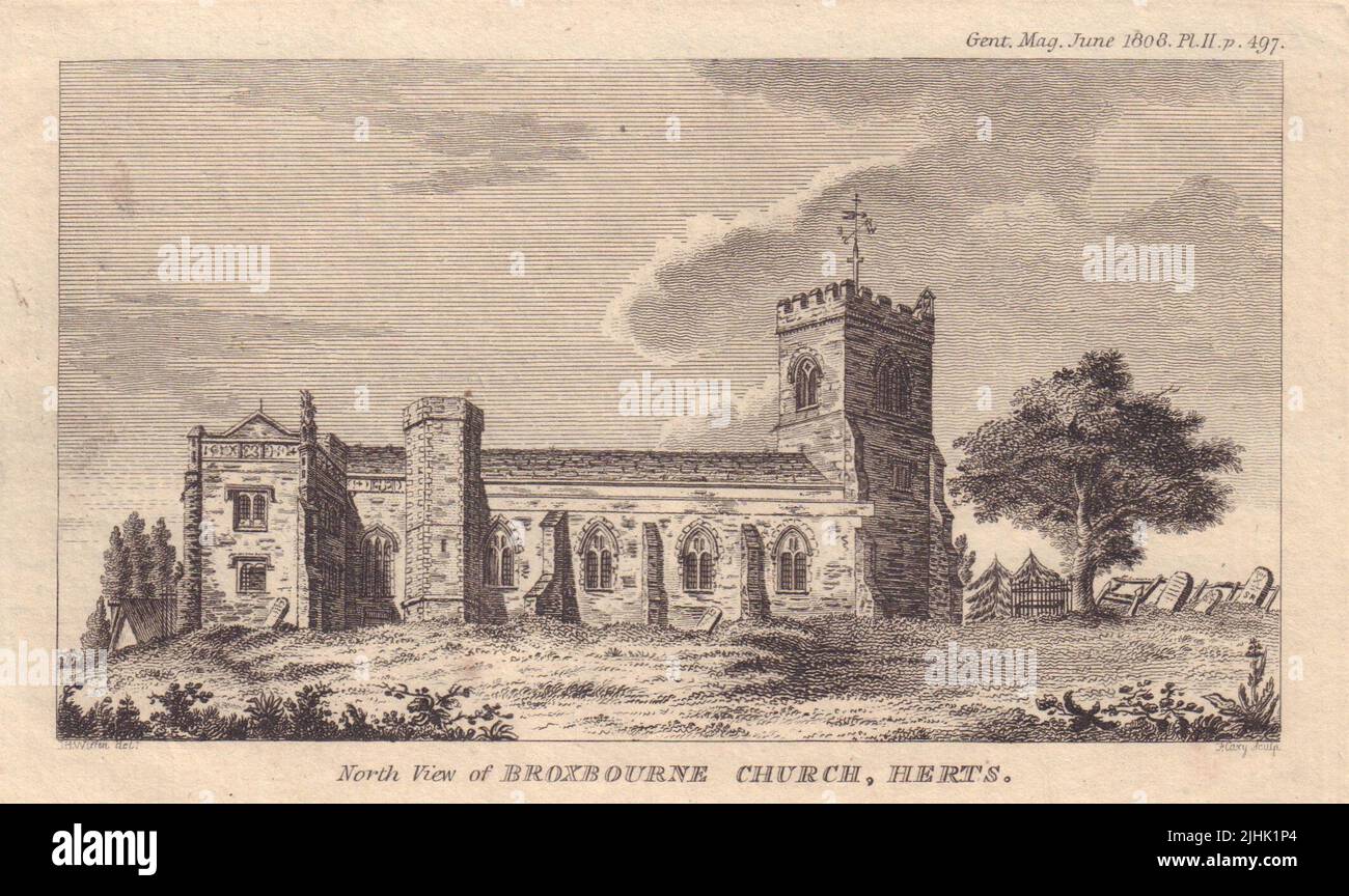North view of St Augustine's Church in Broxbourne, Hertfordshire 1808 ...
