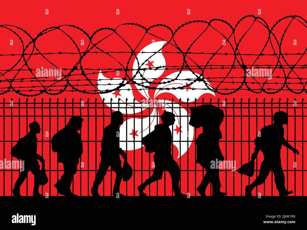 Flag of Hong Kong - Refugees near barbed wire fence. Migrants migrates ...
