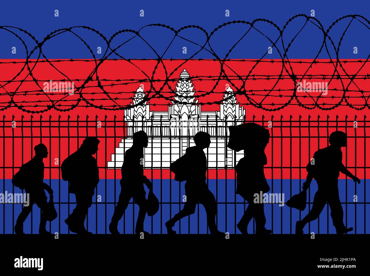Flag of Cambodia - Refugees near barbed wire fence. Migrants migrates ...