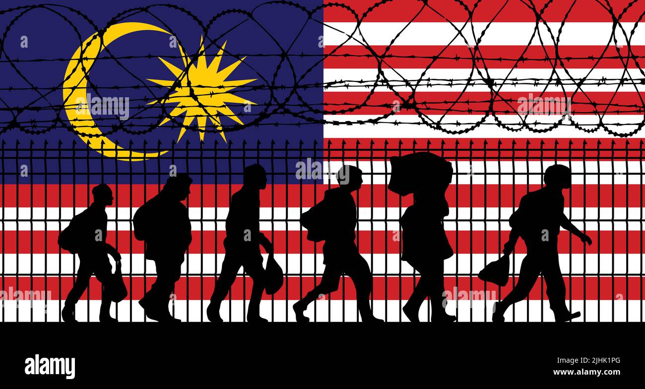 Flag of Malaysia - Refugees near barbed wire fence. Migrants migrates ...