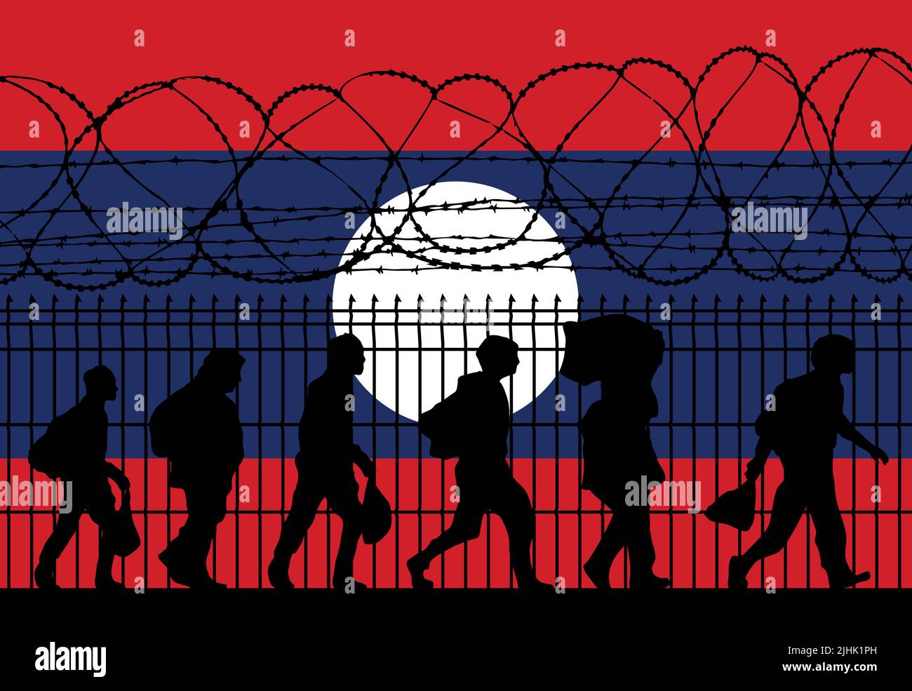 Flag of Laos - Refugees near barbed wire fence. Migrants migrates to ...