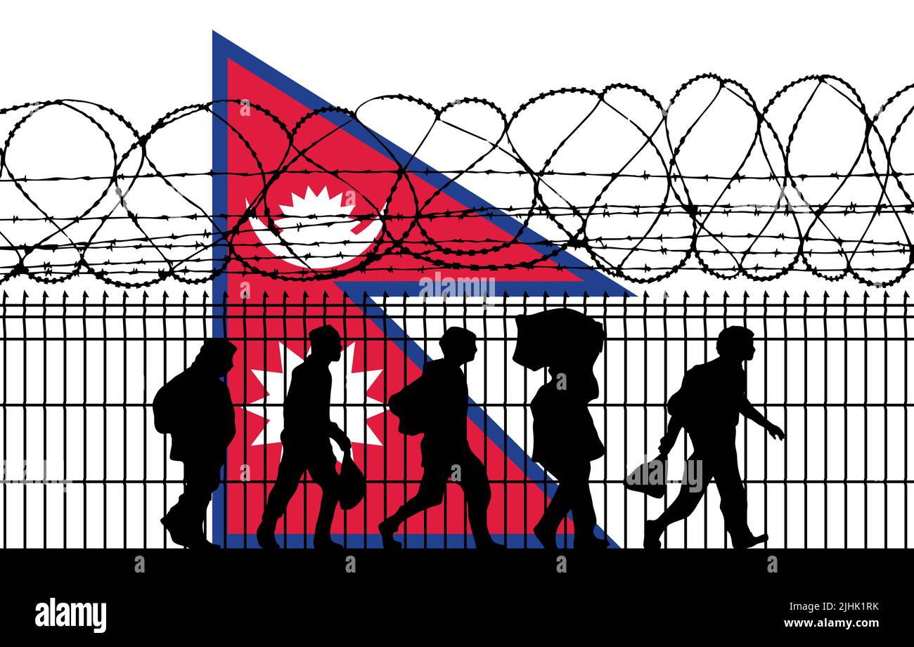 Flag of Nepal - Refugees near barbed wire fence. Migrants migrates to ...