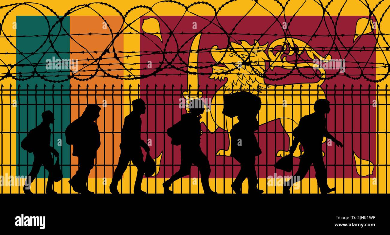 Flag of Sri Lanka - Refugees near barbed wire fence. Migrants migrates ...