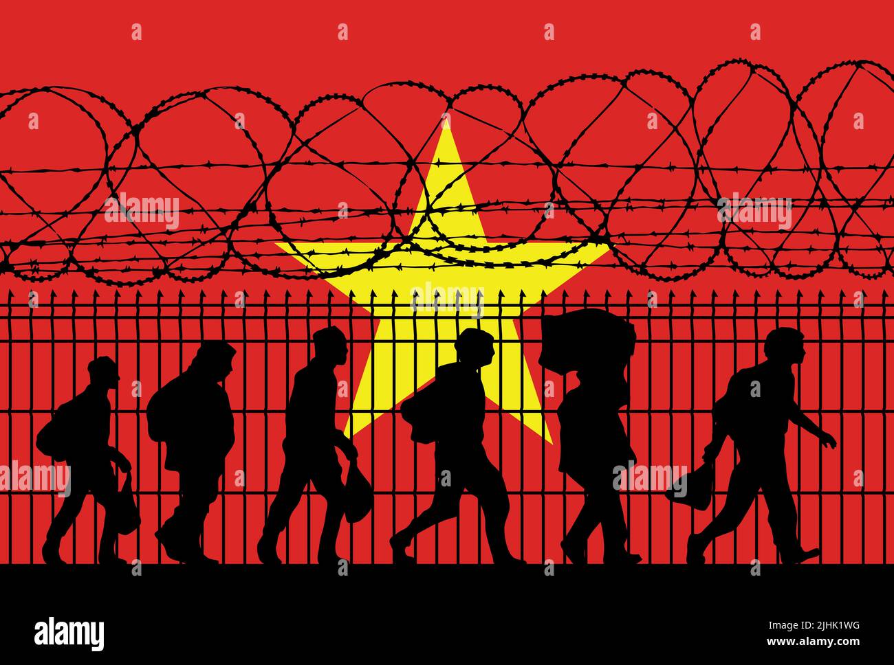Flag of Vietnam - Refugees near barbed wire fence. Migrants migrates to ...