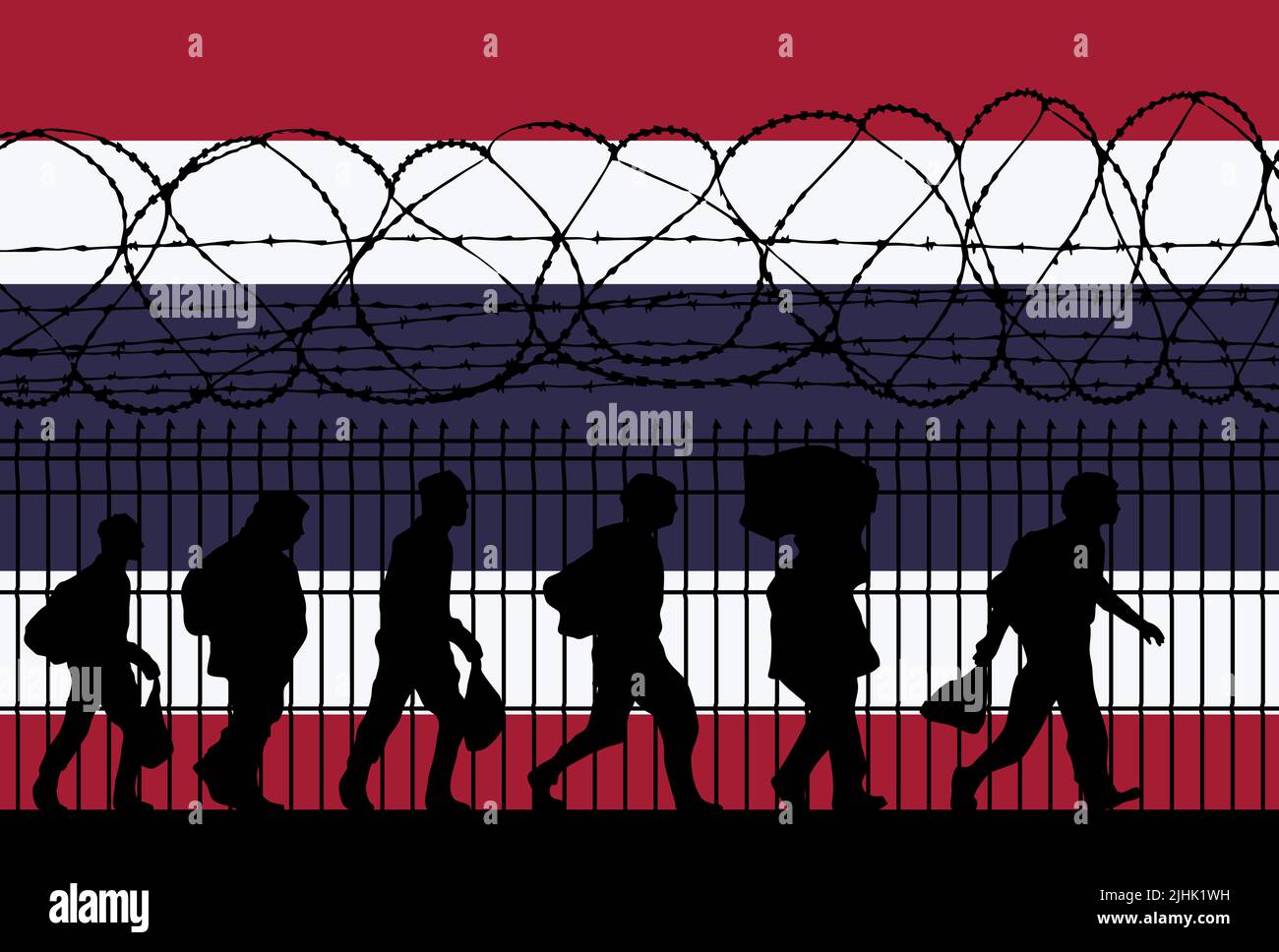 Flag of Thailand - Refugees near barbed wire fence. Migrants migrates ...