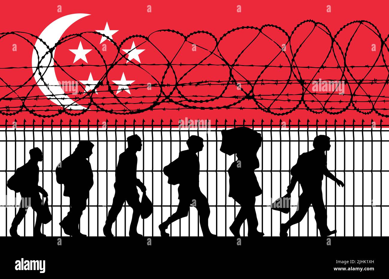Flag of Singapore - Refugees near barbed wire fence. Migrants migrates ...