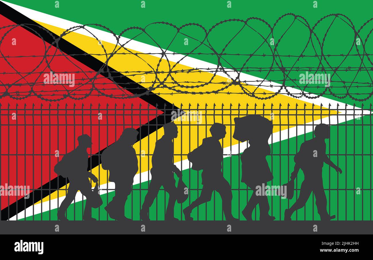 Flag of Guyana - Refugees near barbed wire fence. Migrants migrates to ...