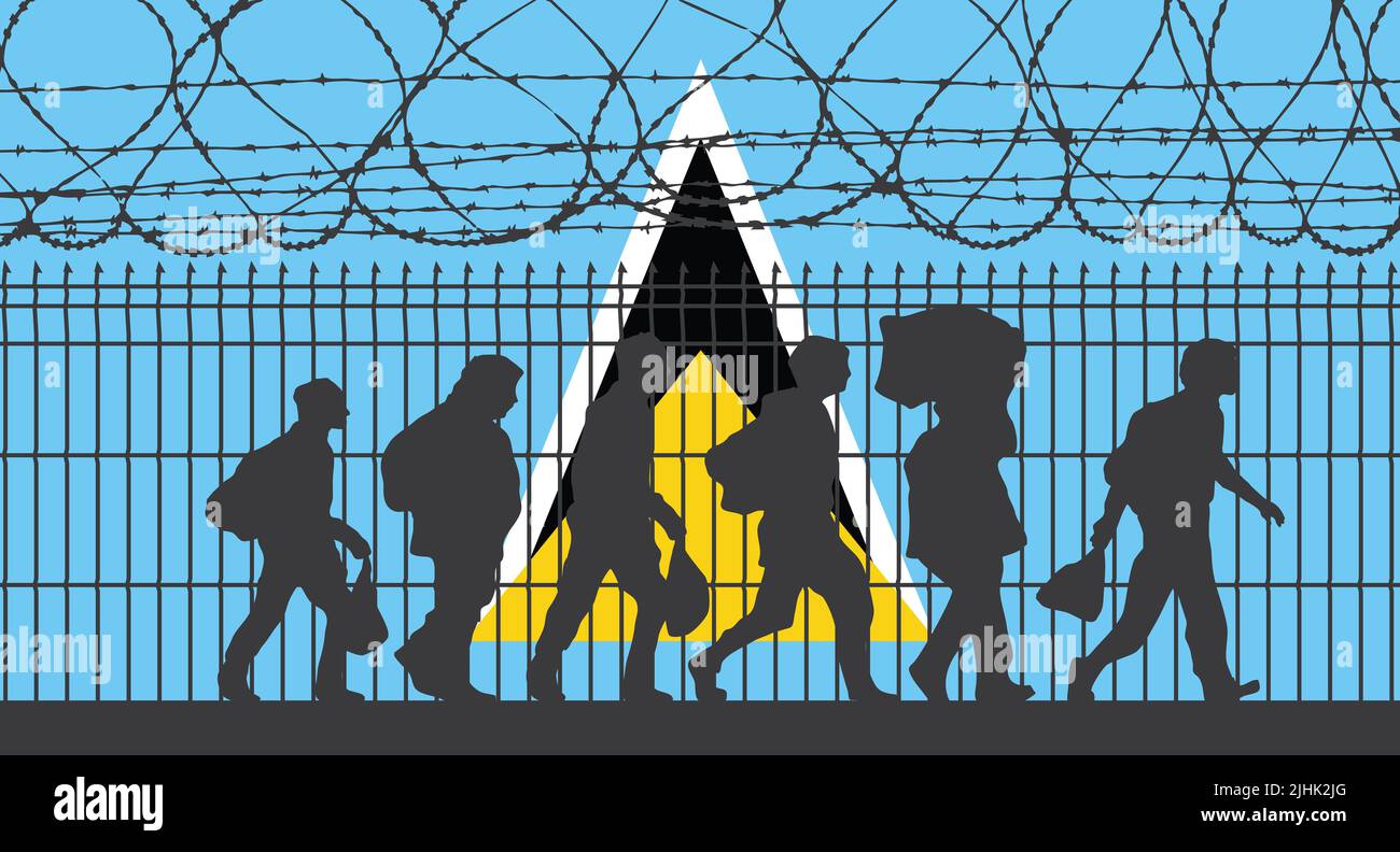 Flag of Saint Lucia - Refugees near barbed wire fence. Migrants ...