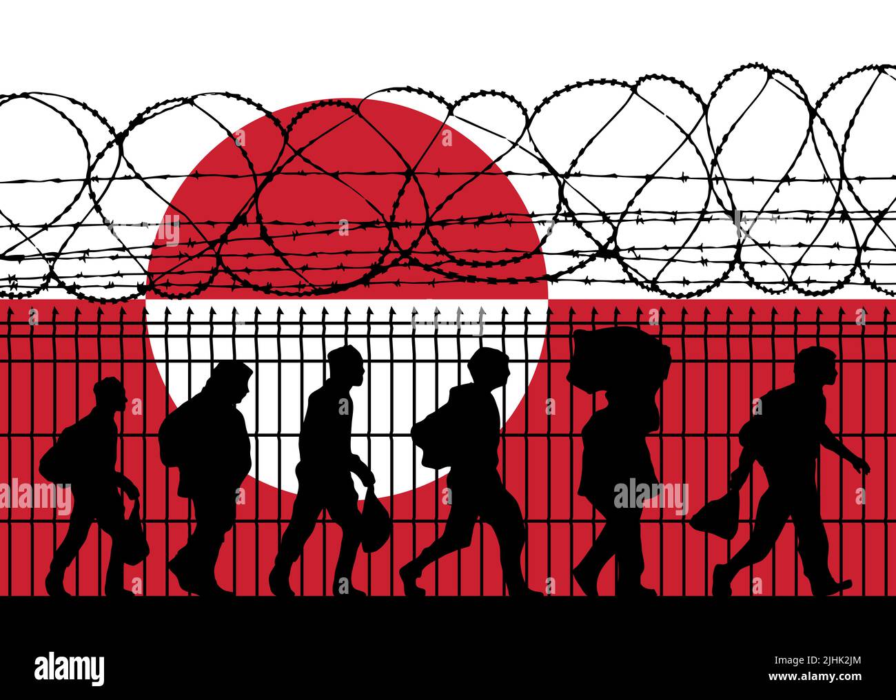 Flag of Greenland - Refugees near barbed wire fence. Migrants migrates ...