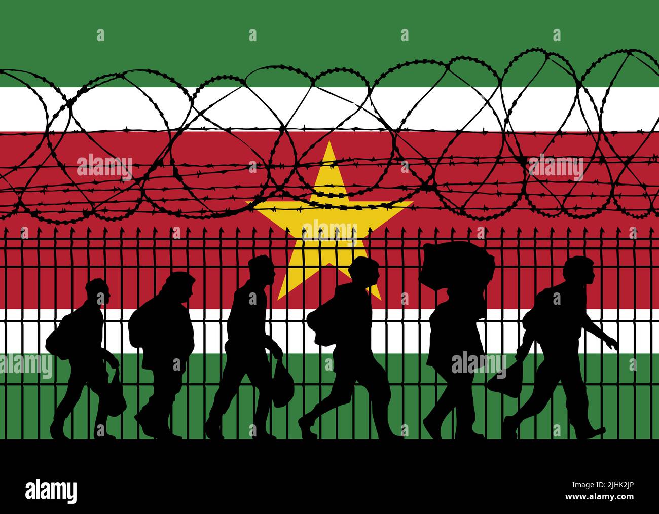 Flag of Suriname - Refugees near barbed wire fence. Migrants migrates ...