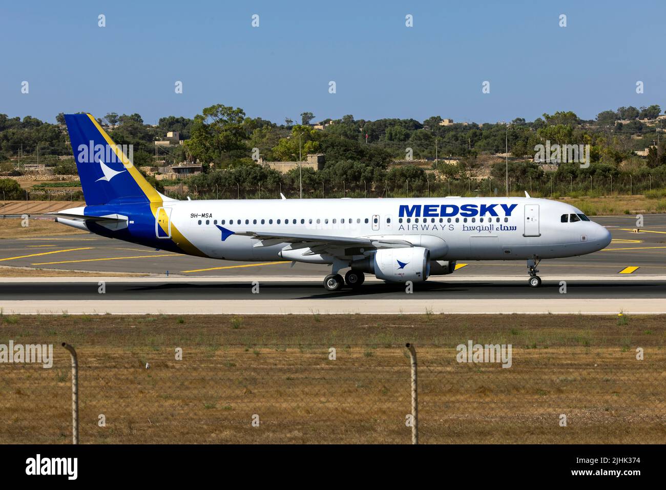 Medsky Airways Airbus A320-214 (Reg: 9H-MSA) departing Malta to operate ...