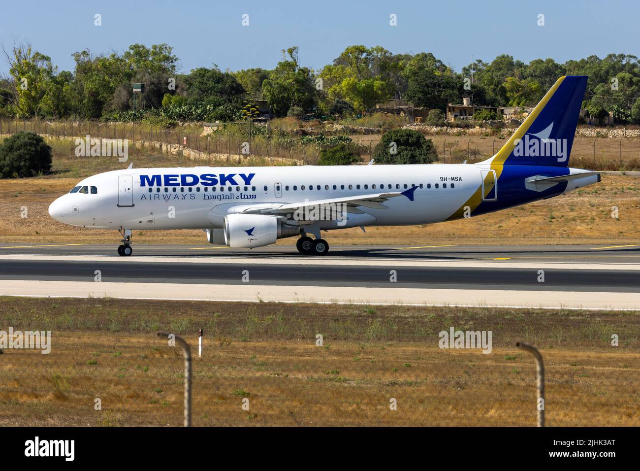 Medsky Airways Airbus A320-214 (Reg: 9H-MSA) departing Malta to operate ...