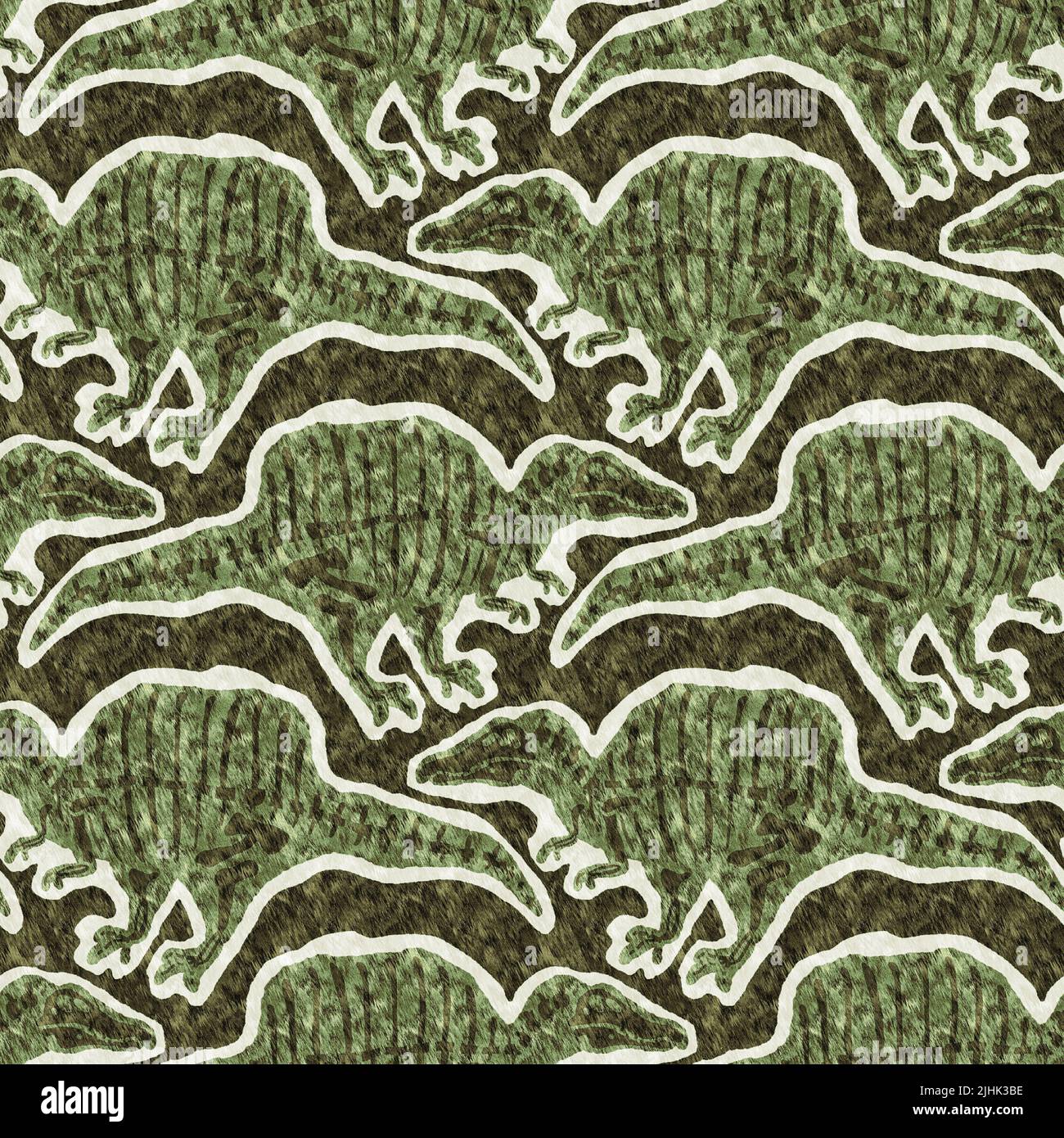 Green hand drawn Spinosaurus fossil bones dinosaur seamless pattern ...