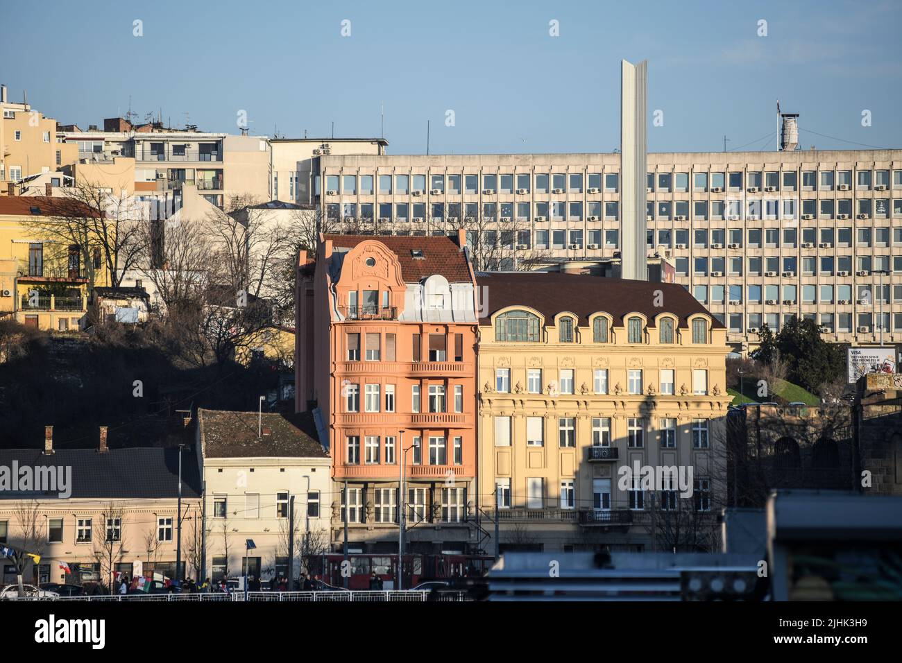 Belgrade skyline: buildings of the Old Town in the Sava riverbank ...