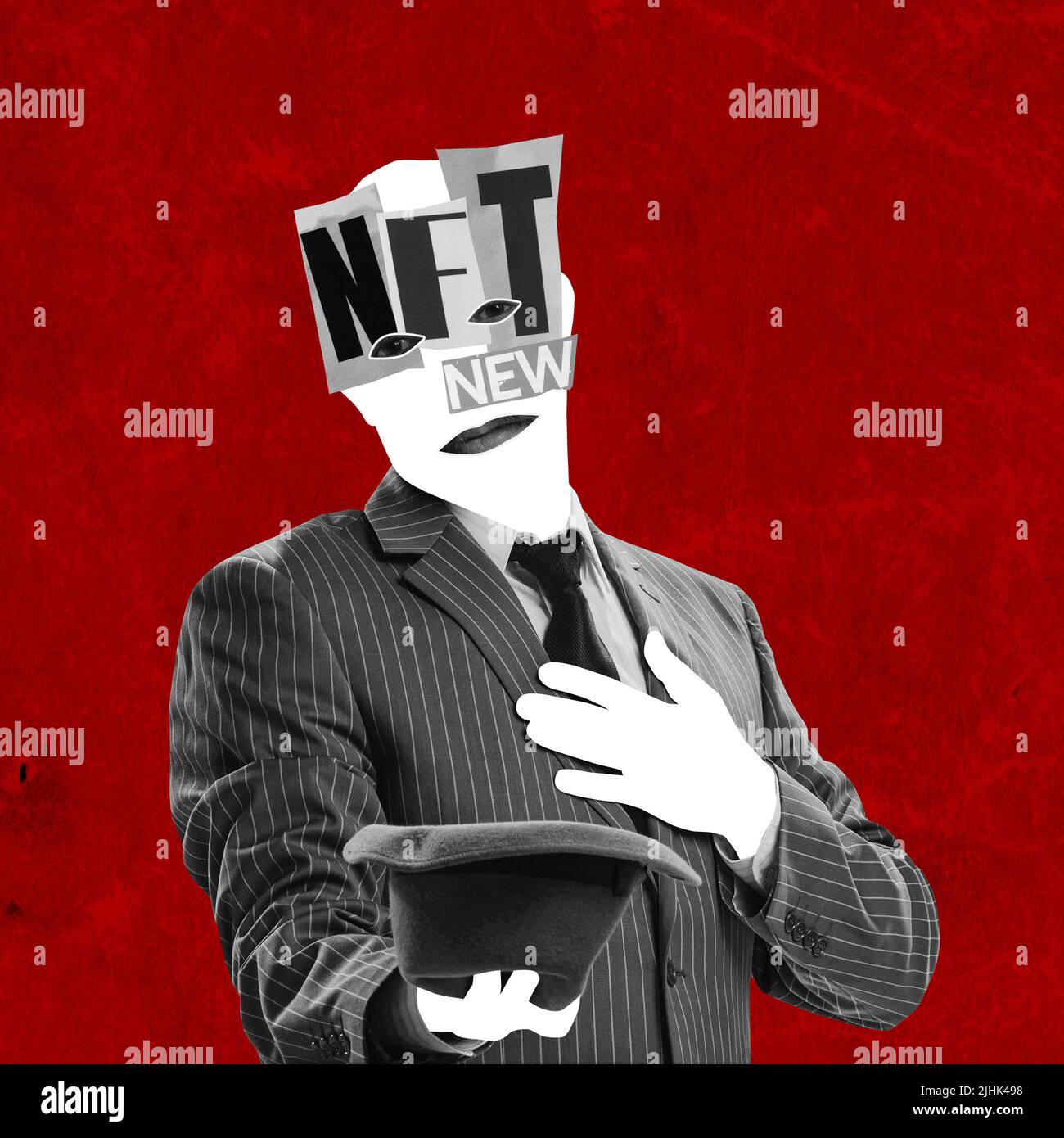 Contemporary art collage. Faceless silhouette of man with NFT lettering ...