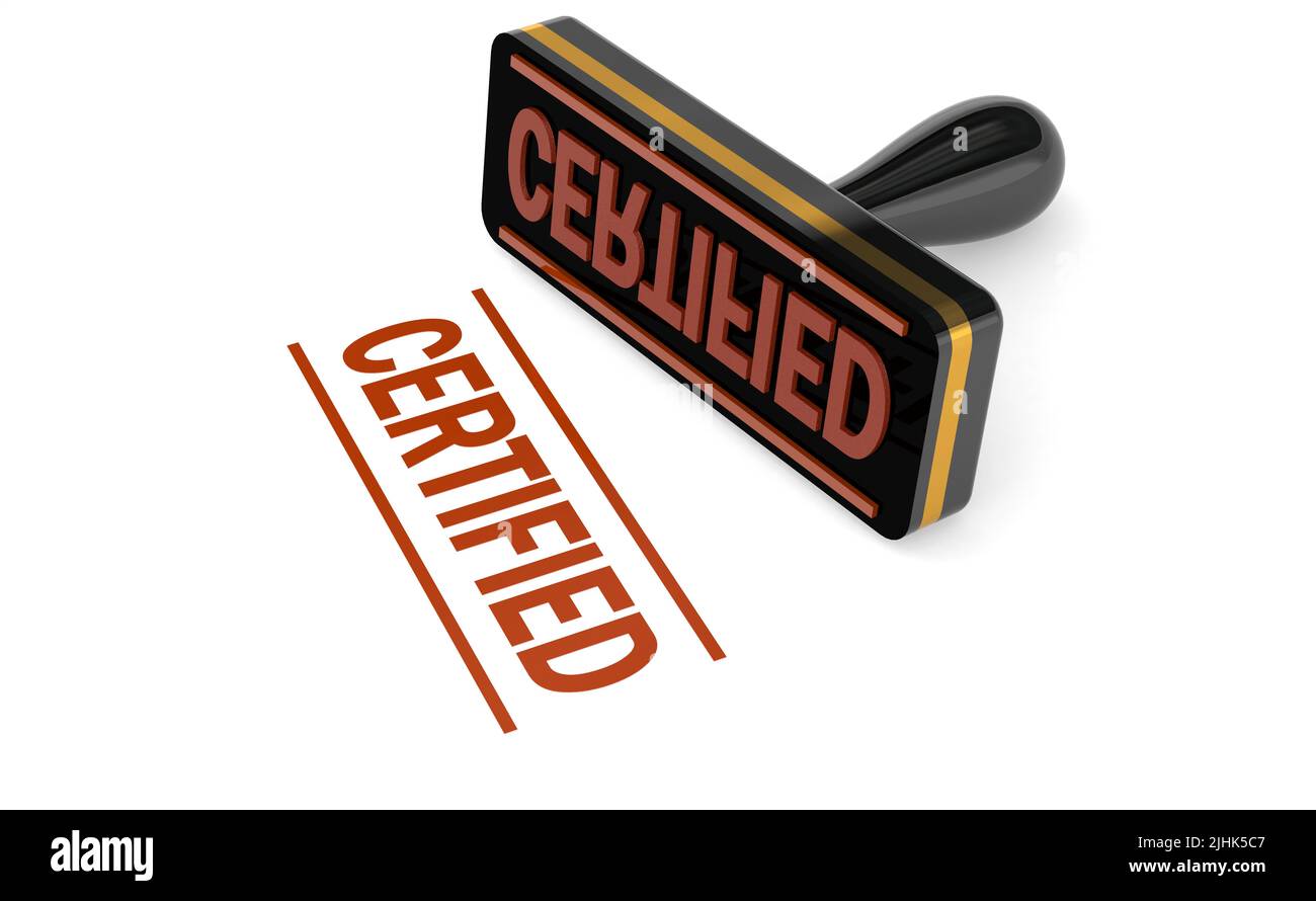 Black stamp with red certified word, 3d rendering Stock Photo - Alamy