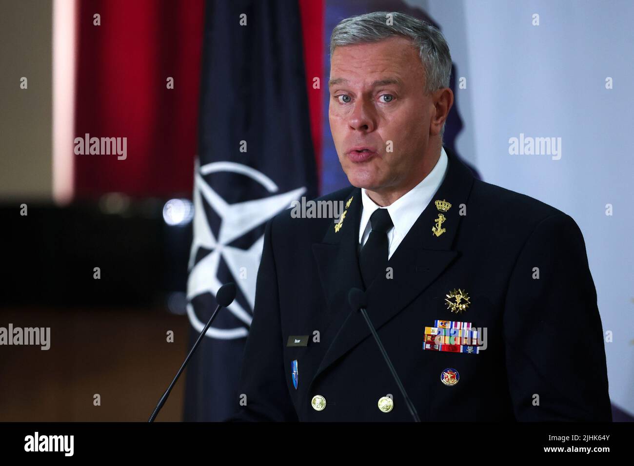 Chair of the NATO Military Committee Rob Bauer speaks during a press ...