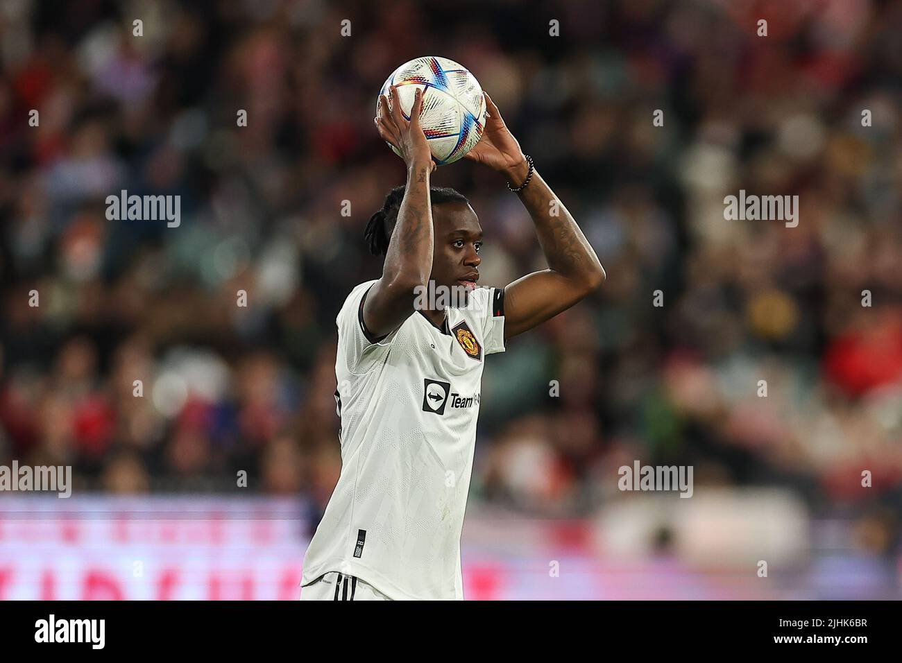 Aaron Wan-Bissaka (29) of Manchester United prepares to take a throw in ...