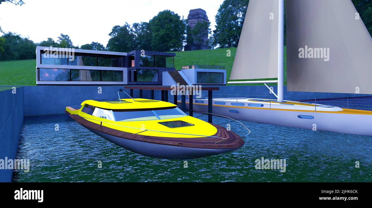 Gorgeous high-tech house concept with its own concrete jetty. A yellow ...