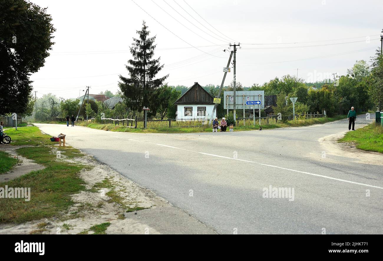 Center of a typical Ukrainian village. Asphalt road, houses, gardens ...