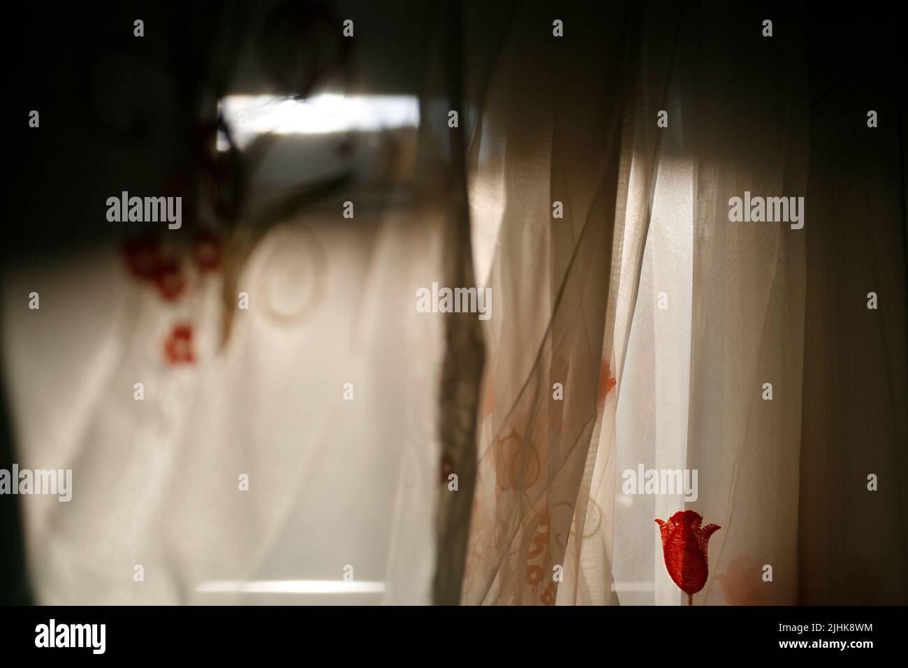 light sheer curtains made of white organza with a floral pattern on a ...